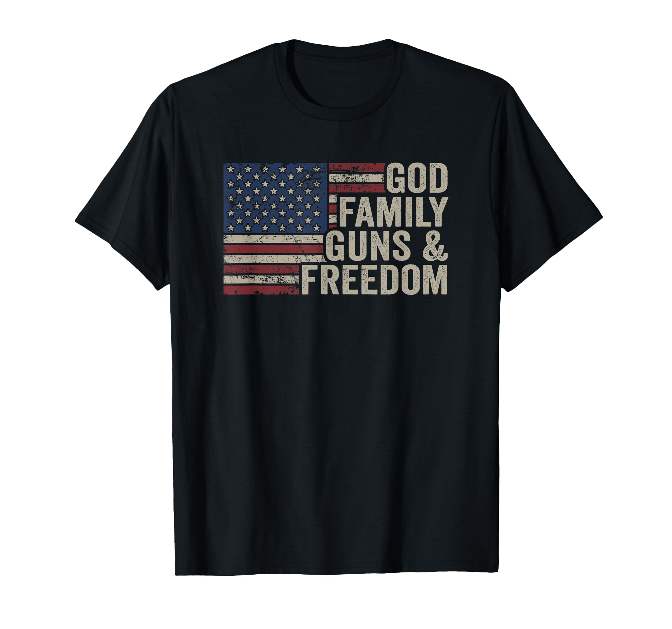 Amazon.com: GOD FAMILY GUNS & FREEDOM - Pro Gun Vintage USA Flag T ...