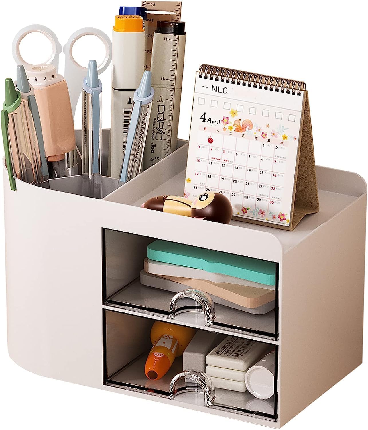 Multi-functional Desk Organiser with 3 Compartments & 2 Drawer Desktop ...