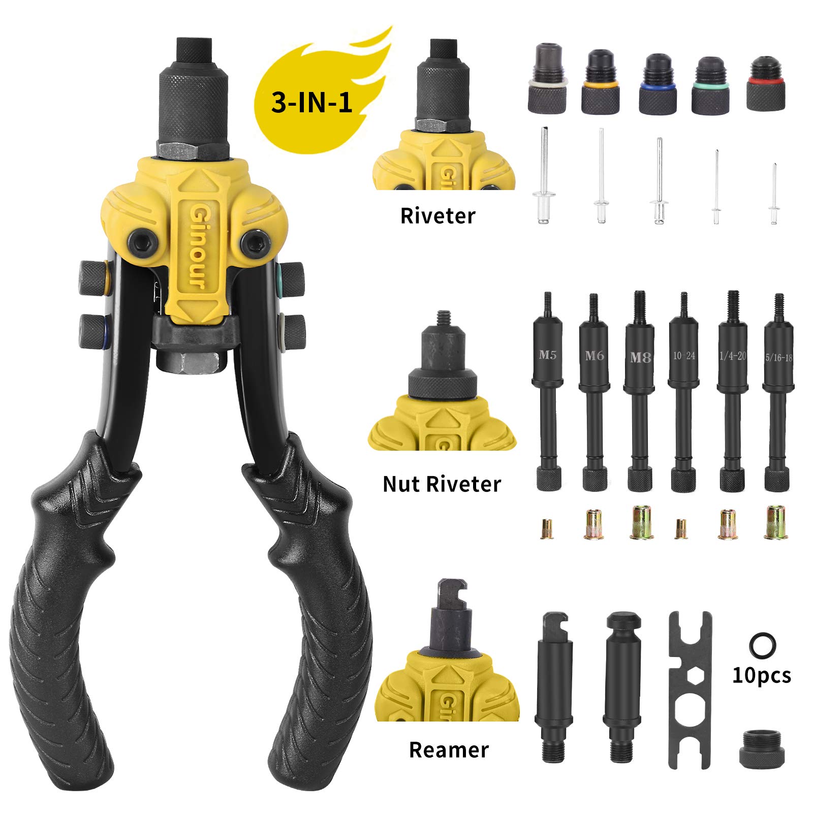 Buy ginour Rivet Nut Tool 3 in 1, Rivet Setter Kit with 6 Metric & SAE ...
