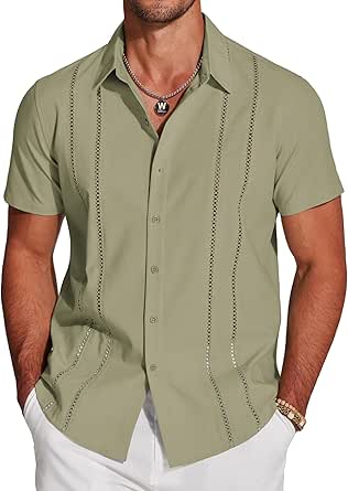 Amazon.com: COOFANDY Men's Cuban Guayabera Shirt Short Sleeve Button Down Shirts Casual Summer ...