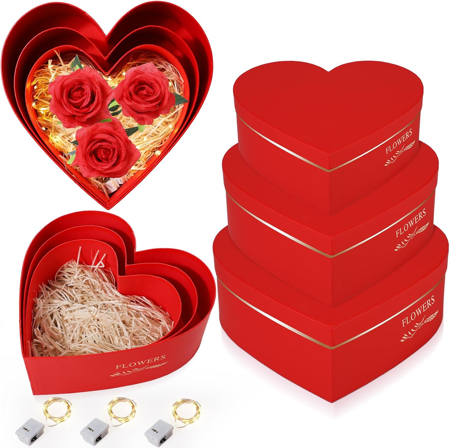 Amazon.com: Glenmal 3 Pcs Heart Shaped Gift Boxes Set with LED Strings ...