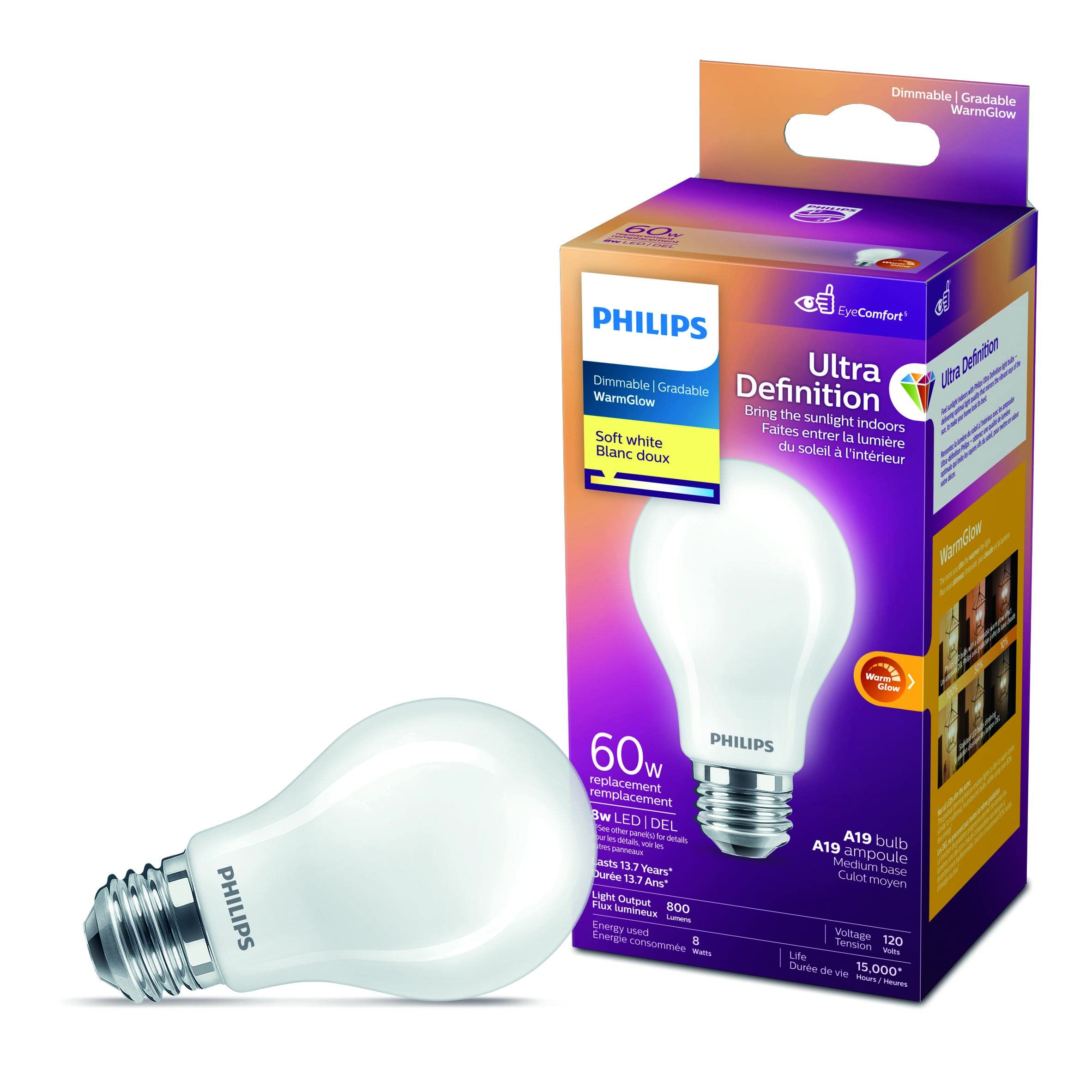Philips Ultra Definition LED 60W A19 MedBase Soft White Warm Glow Glass ...