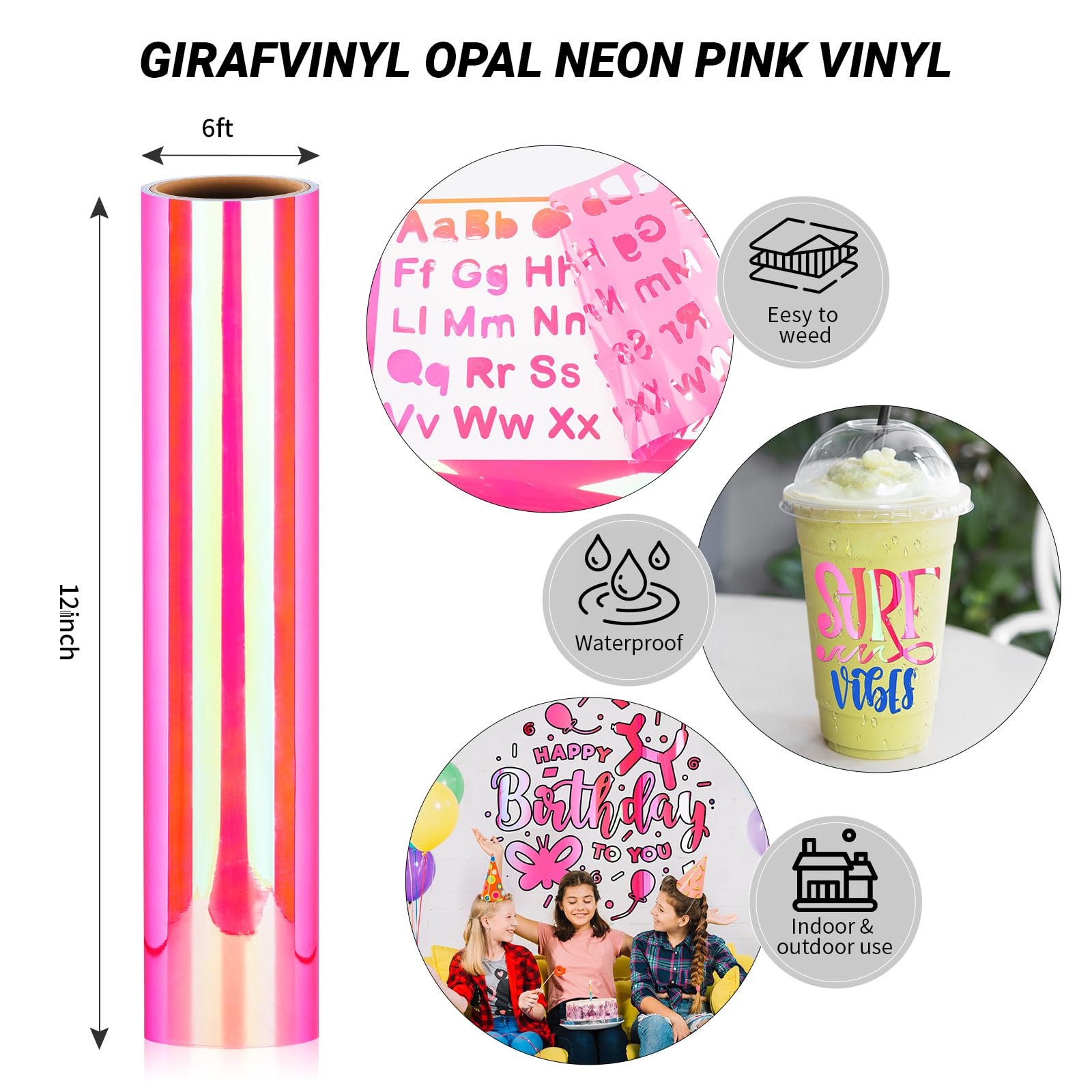 Snapklik.com : Neon Pink Holographic Opal Permanent Vinyl 12" X 6ft