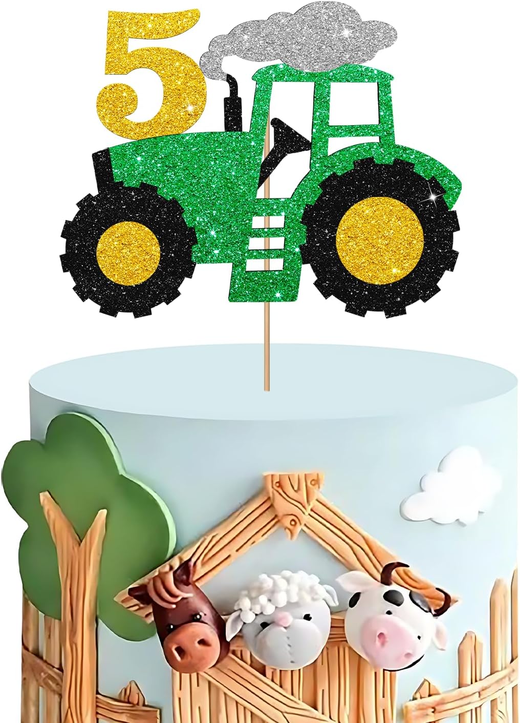 Amazon.com: Tractor 5th Birthday Cake Topper, Green Glitter Farm Truck ...