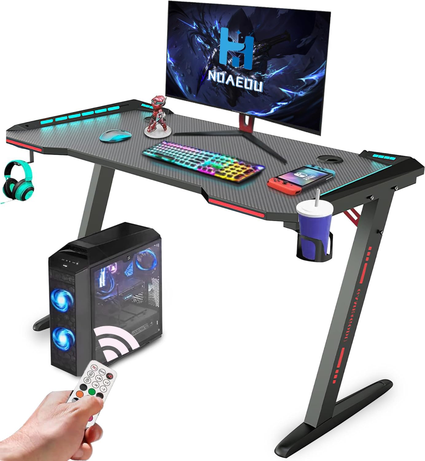 NOAEOU Gaming Desk with RGB LED Lights, 140CM Z-shape Computer Desk ...