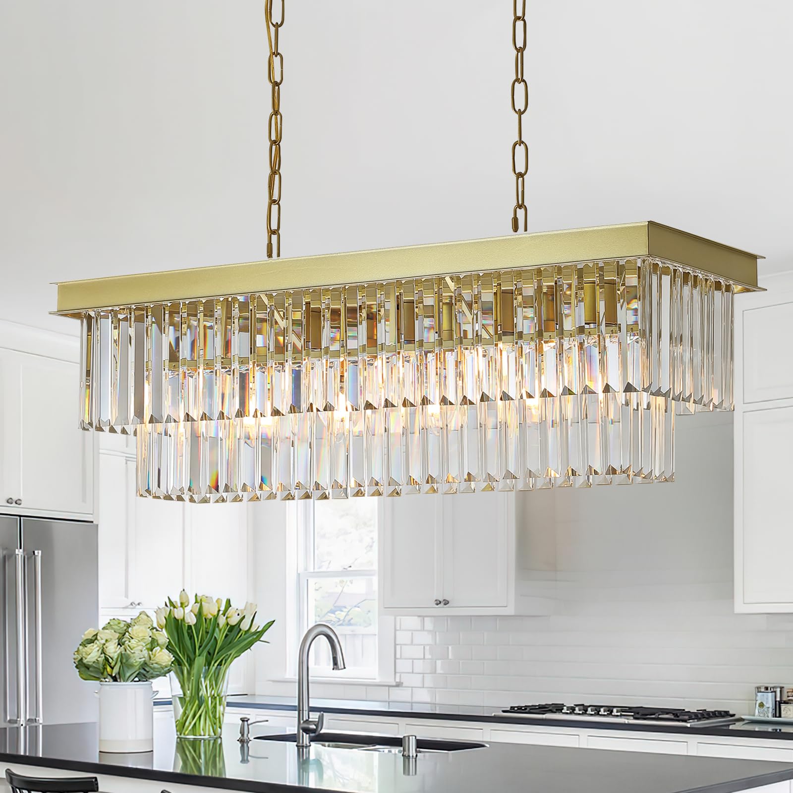 A AXILIXI Rectangular Crystal Chandelier Gold for Dining Room Modern ...