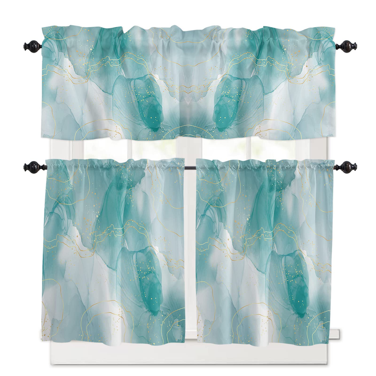 Amazon.com: Teal Green Marble Kitchen Curtains Valance and Tier ...