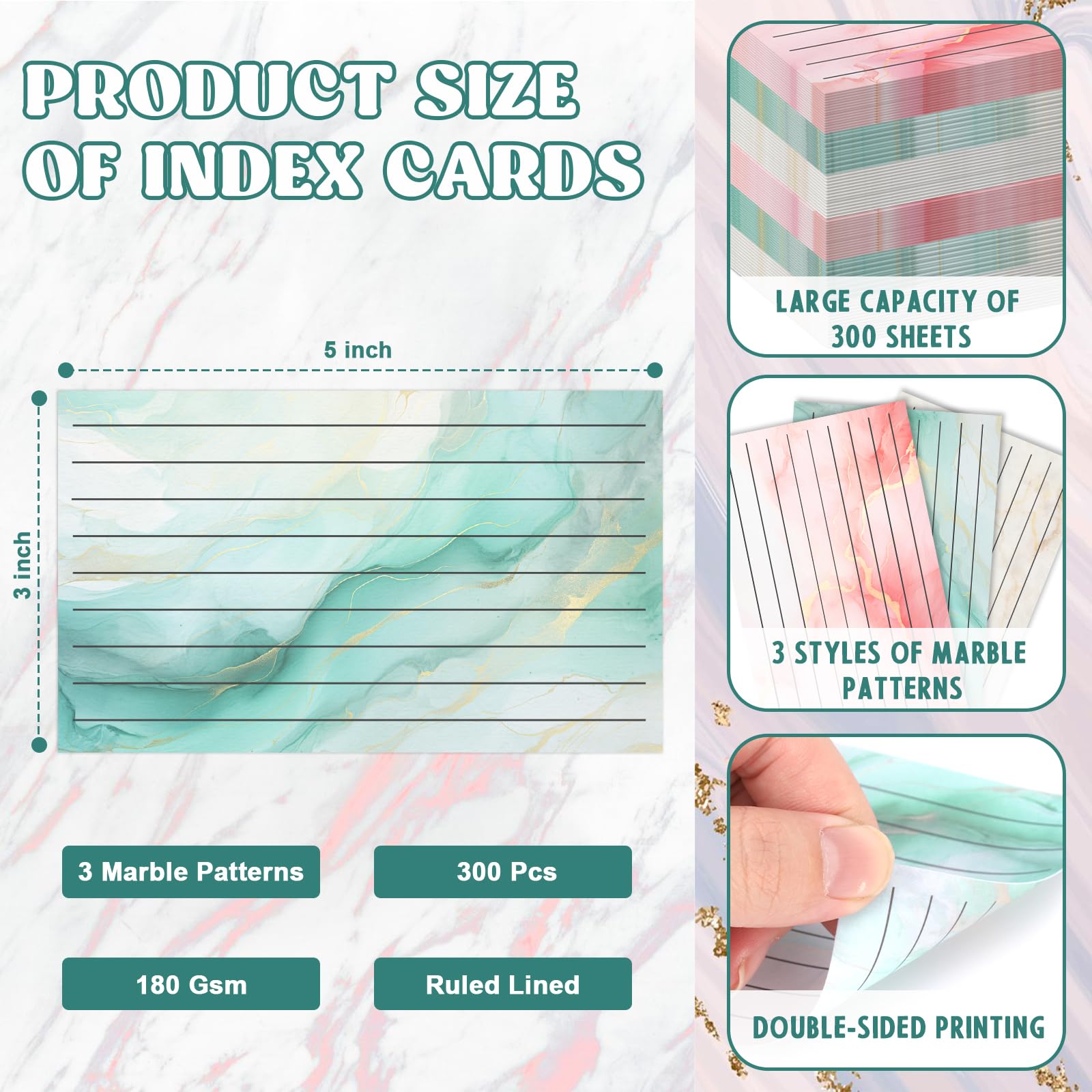 Snapklik.com : 300 Pack Colored Index Cards 3x5 Marble Notecards Lined ...