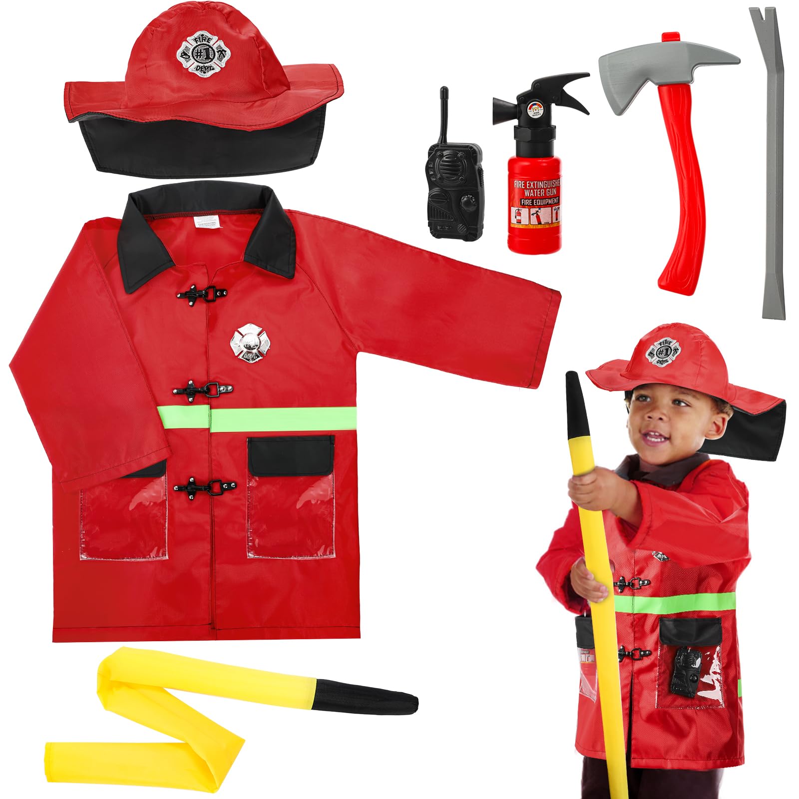 Amazon.com: Lawei 7 Pieces Kids Firefighter Costume Role Play Kit Set ...