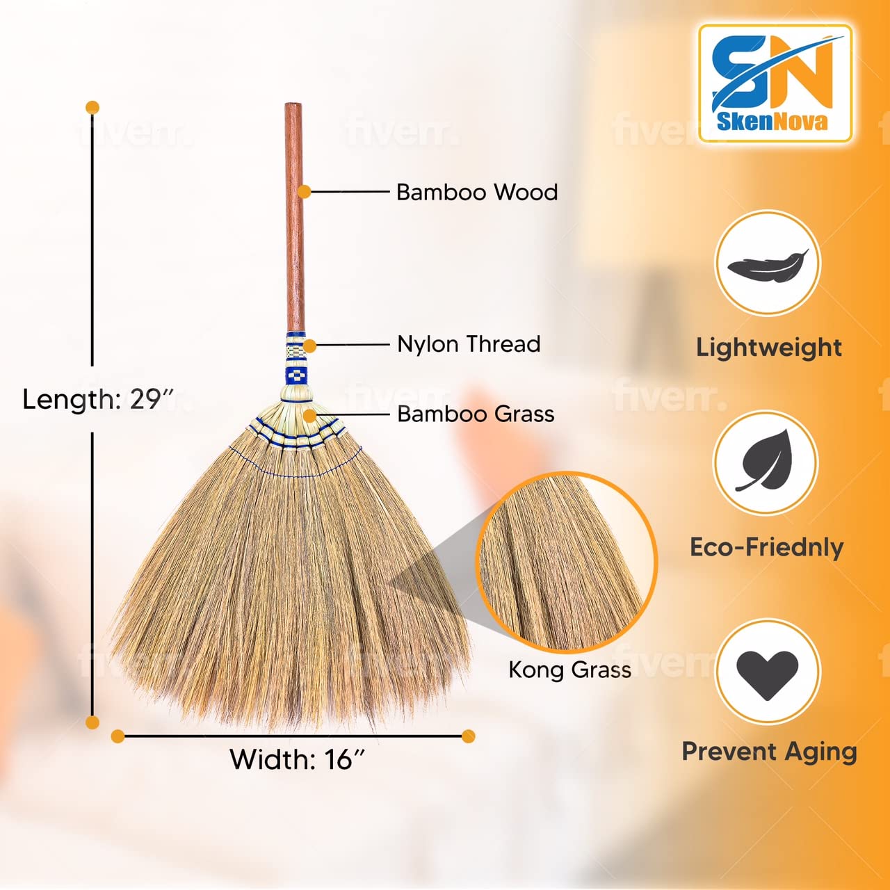 Asian Short Broom Natural Whisk Sweeping Hand Handle Broom Vietnamese