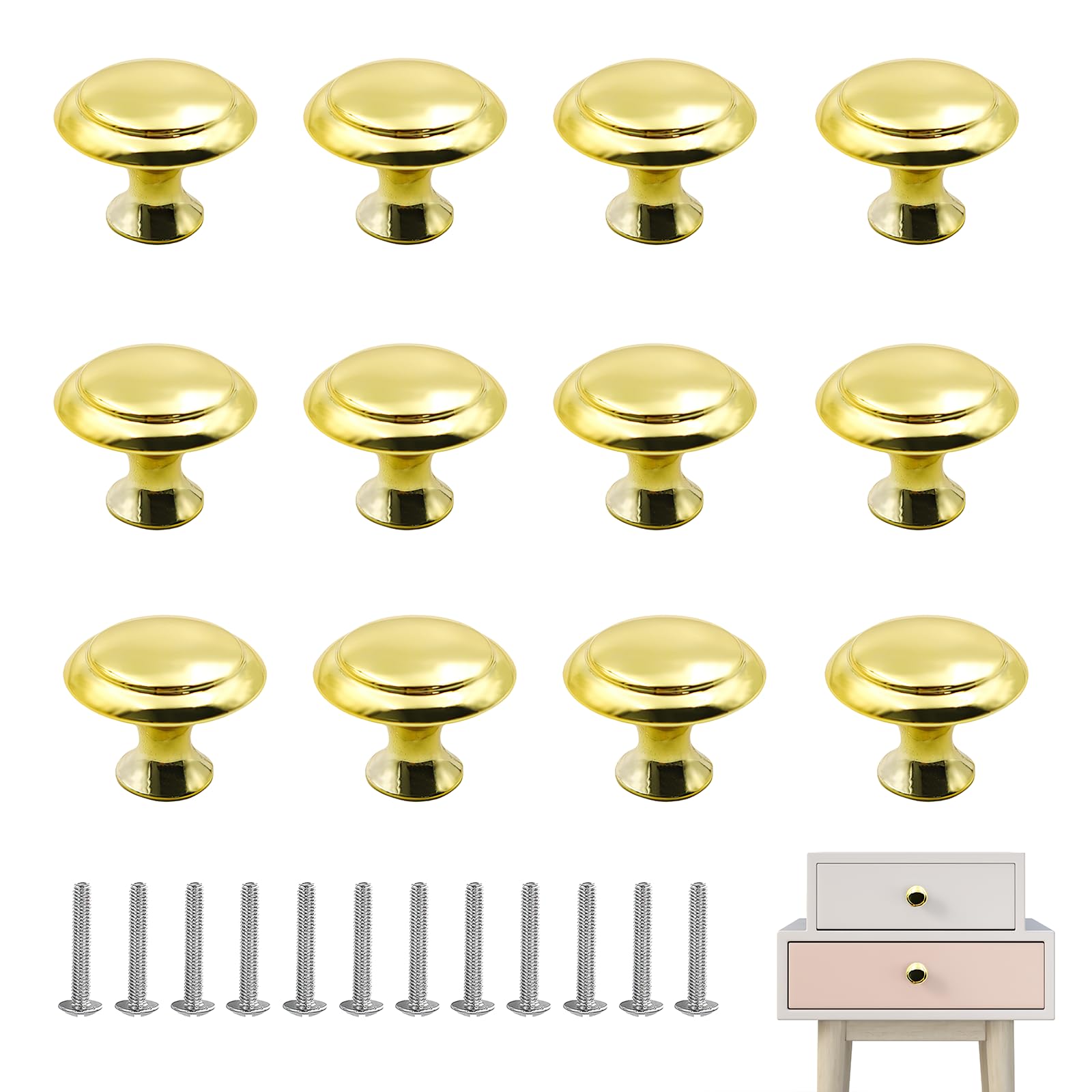 HOMEJOY 12 Pieces Gold Round Cabinet Knobs Drawer Knobs Round Mushroom Shaped Knobs Round ...