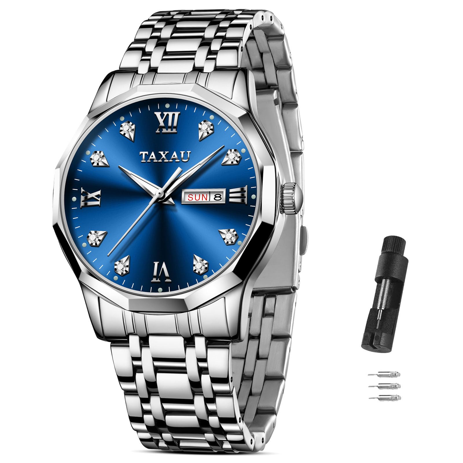 Taxau Mens Wrist Watches Blue Face Waterproof Watchmen Classic Dress ...