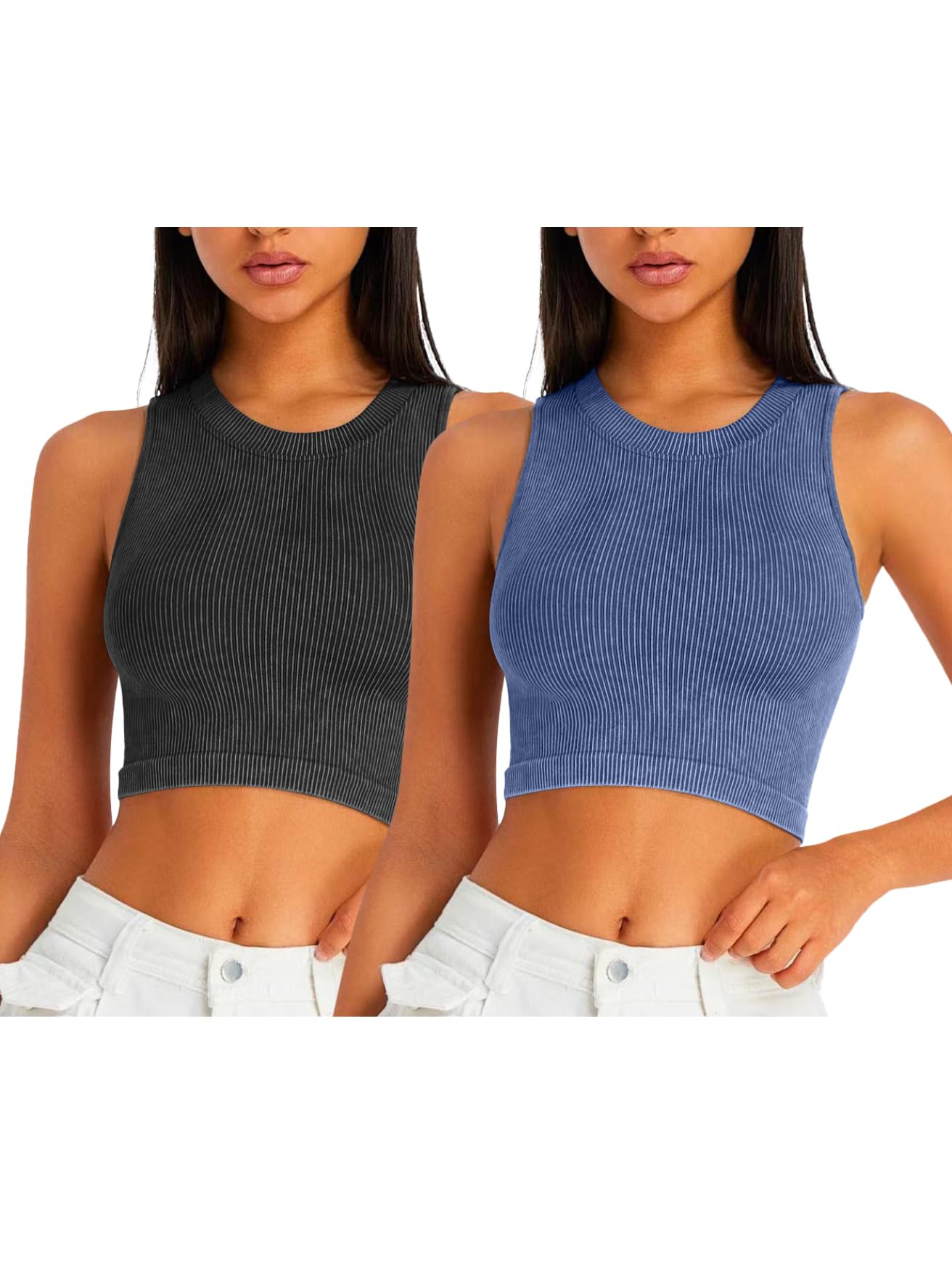 OQQ Women's 2 Piece Tank Tops Ribbed Acid Wash Basic Stretch Yoga Tee ...