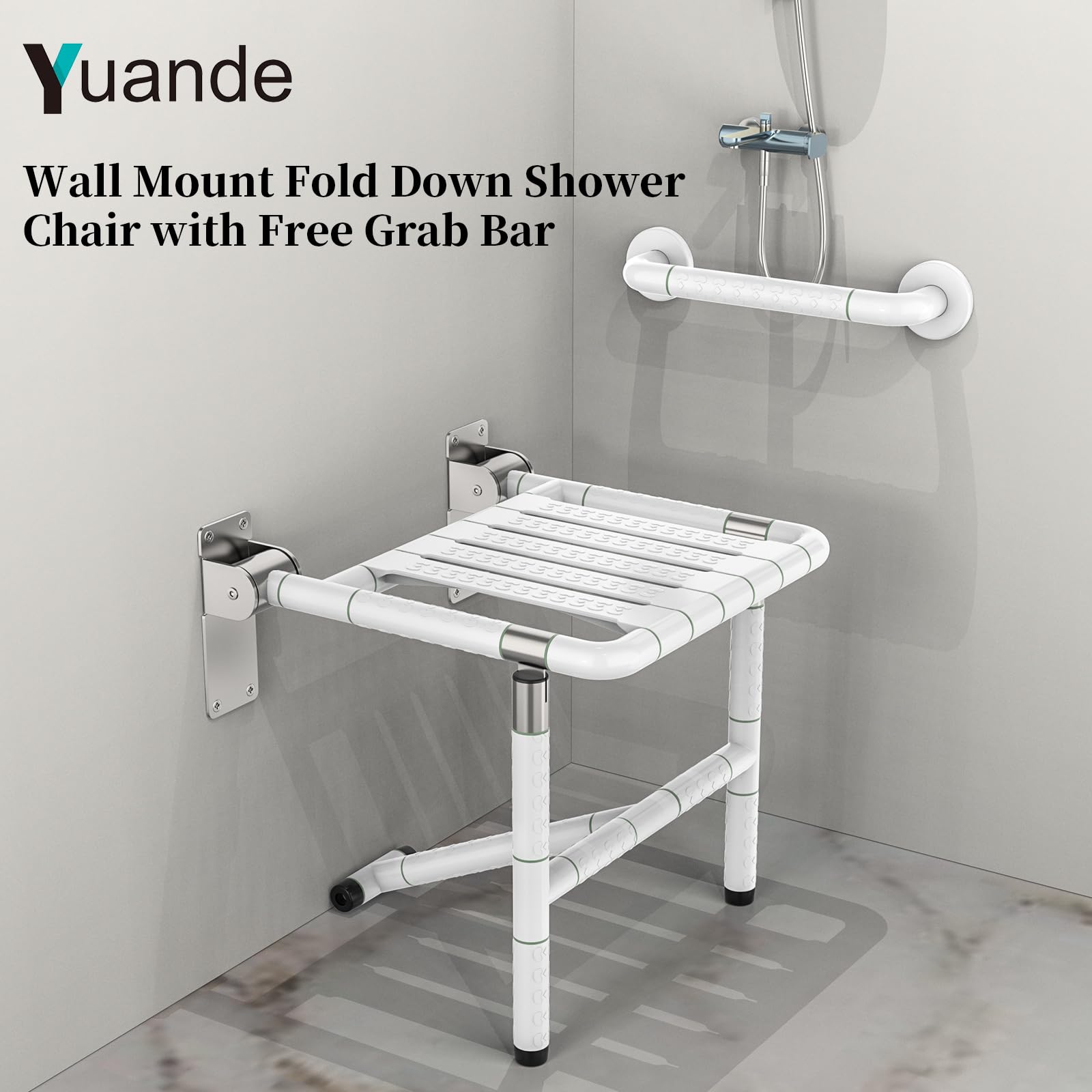 Folding Shower Bench Seat w/Safety Grab Bar,YuanDe 17x16 Inch Large ...