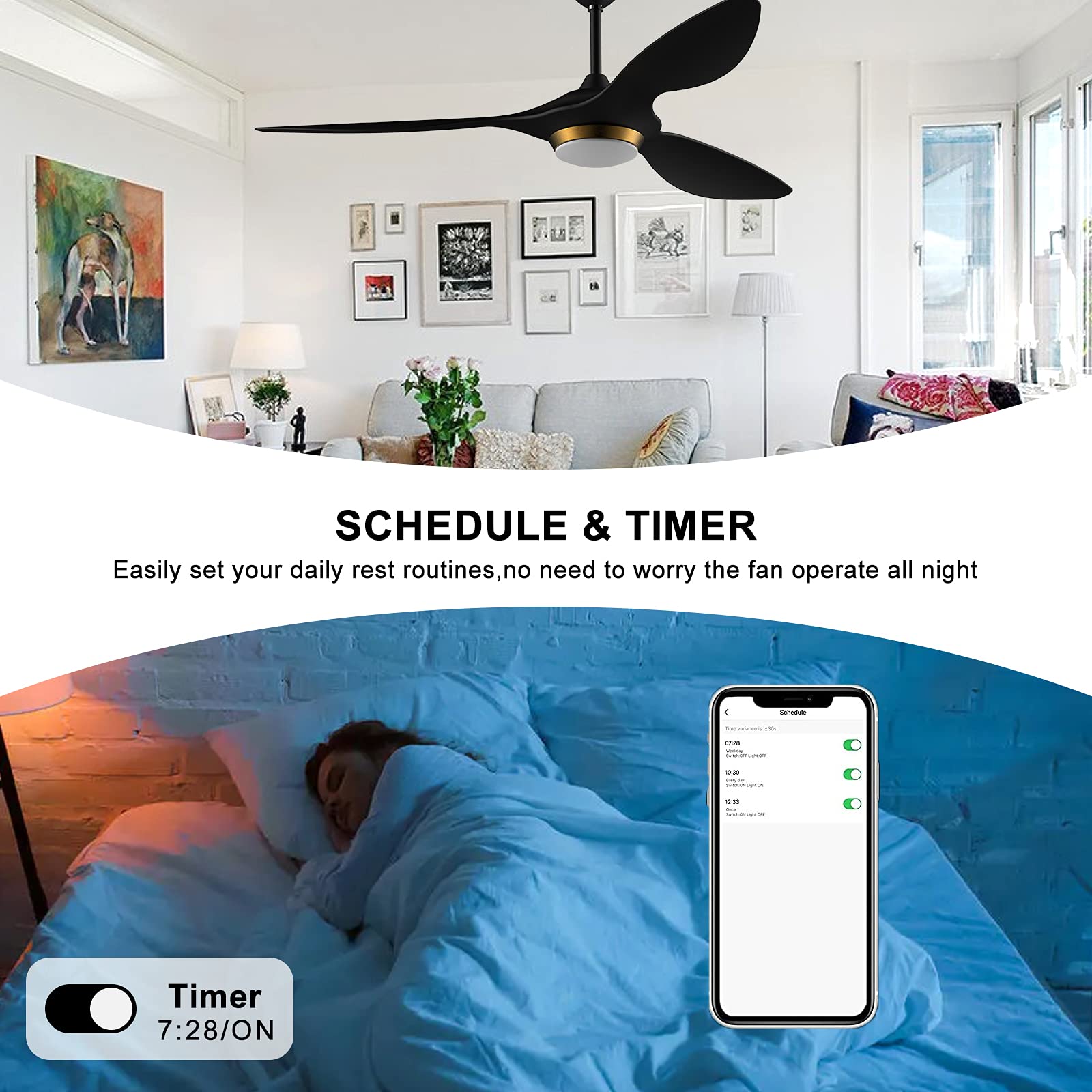 Buy reiga 132cm Black Gold Smart Ceiling Fan with Dimmable LED Light ...