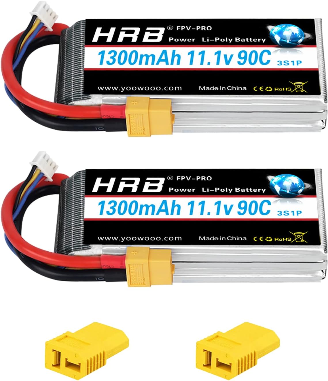 HRB 2PCS 11.1V 1300mAh 90C 3S LiPo Battery Pack with XT60 Plug Compatible with RC Helicopter ...