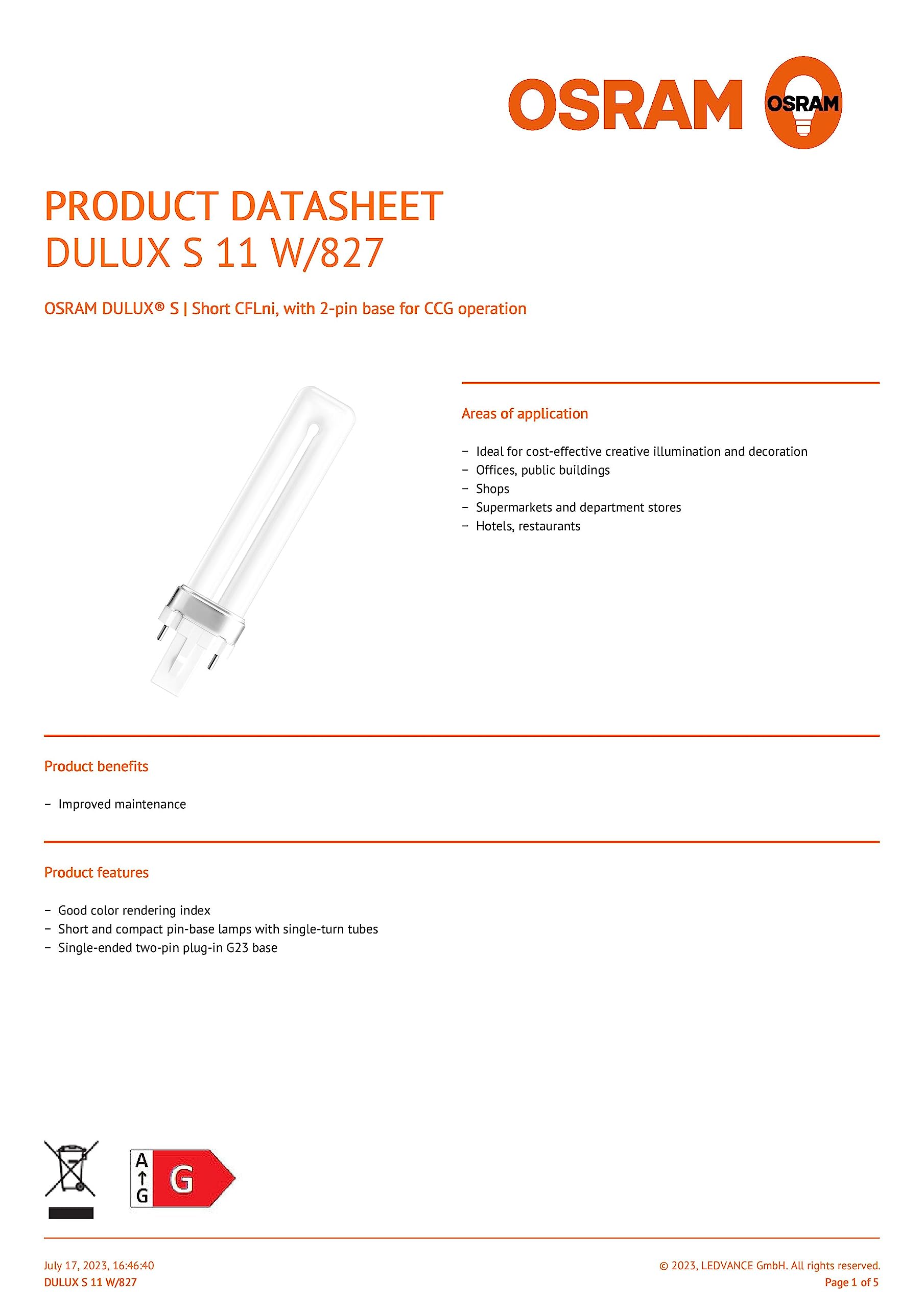 Osram Compact Fluorescent Lamp Dulux S 827 G23 11W Warm White : Amazon ...