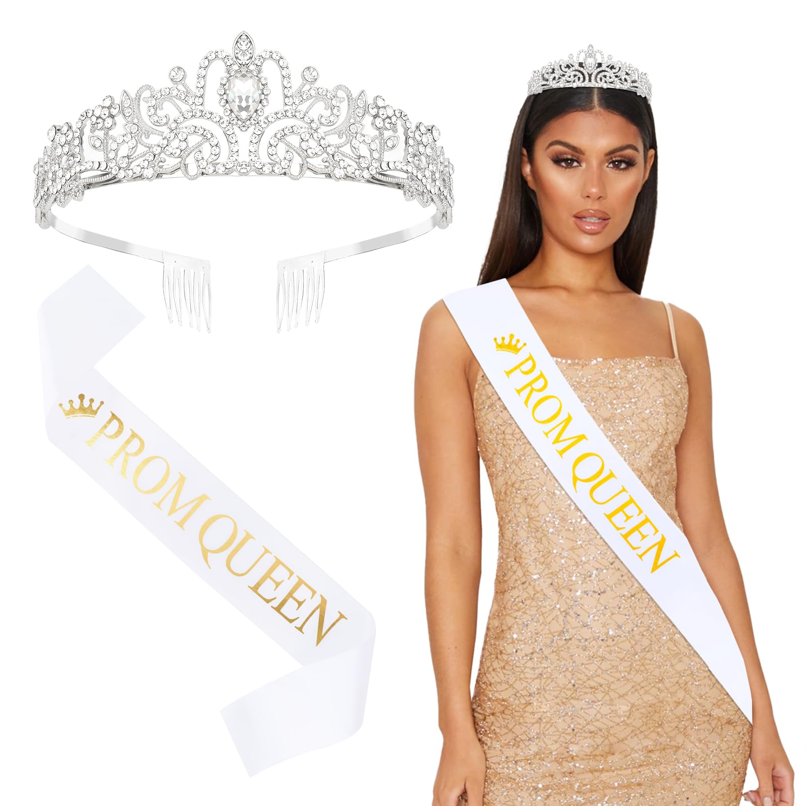 Amazon.com : BAHABY Prom Queen Sash and Tiara Set, Silver Crowns for ...