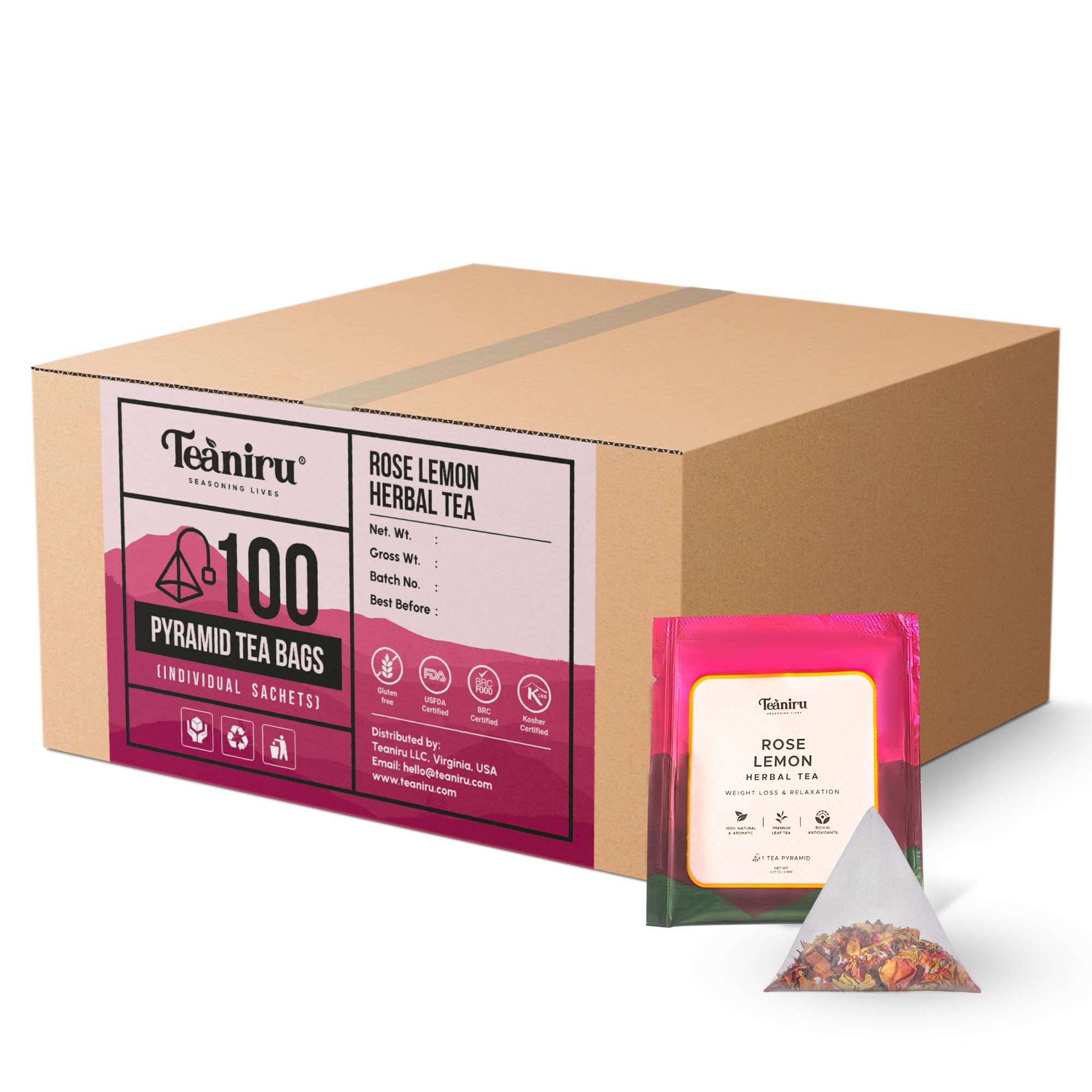 Amazon.com : Teaniru, Rose Lemon Tea, 100 Pyramid Tea Bags, Individual ...