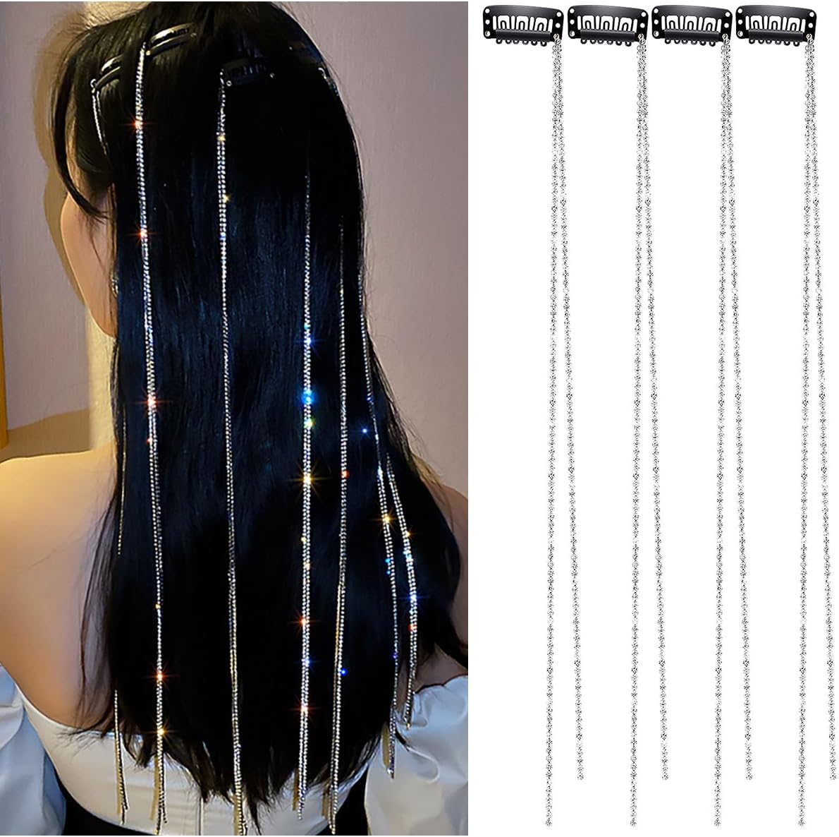 Amazon.com : 6 Pieces Long Rhinestone Hair Chains Silver Hair Clip in ...