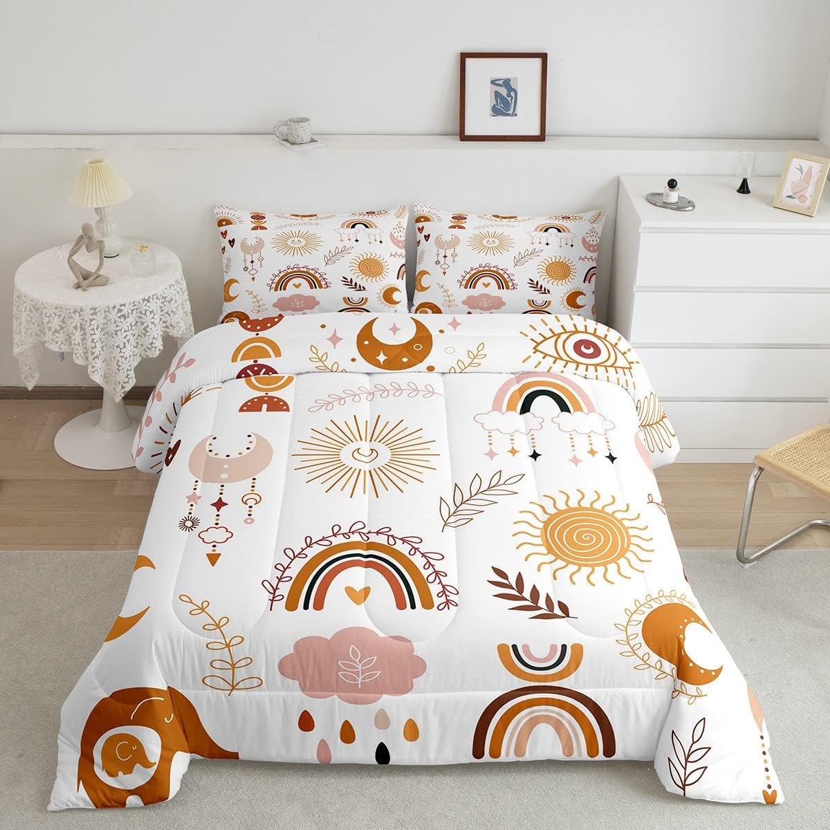 Boho Rainbow Bedding Set For Girls Twin,Cute Bohemian Eyes Moon Sun ...
