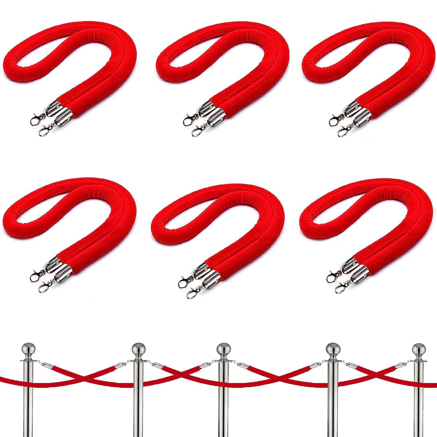 Snapklik.com : 6 Pcs Red Velvet Stanchion Rope, 6 Feet Crowd Control ...