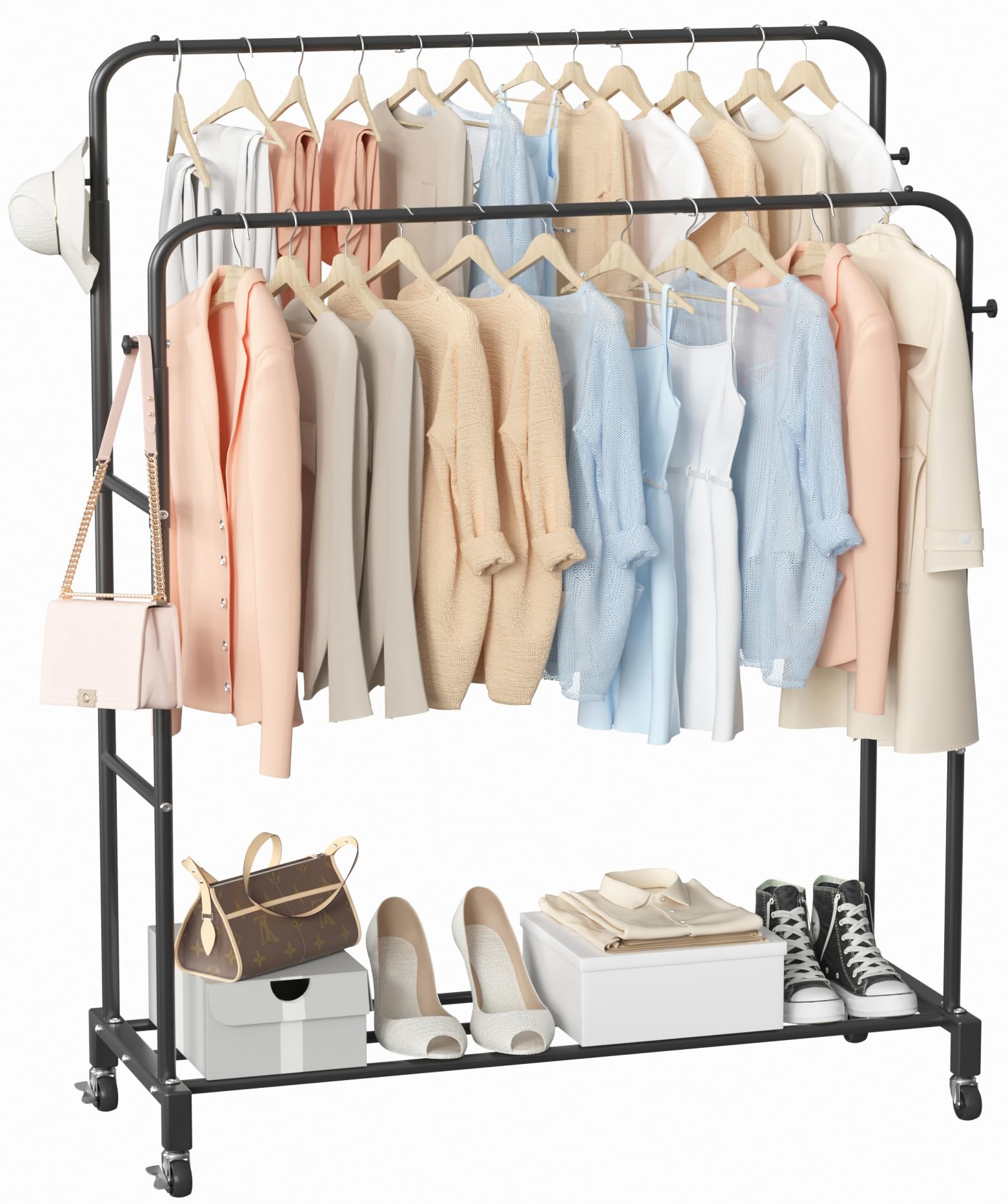 Sooyee Double Rod Clothing Rack with Wheels,3 Tier Garment Racks for ...