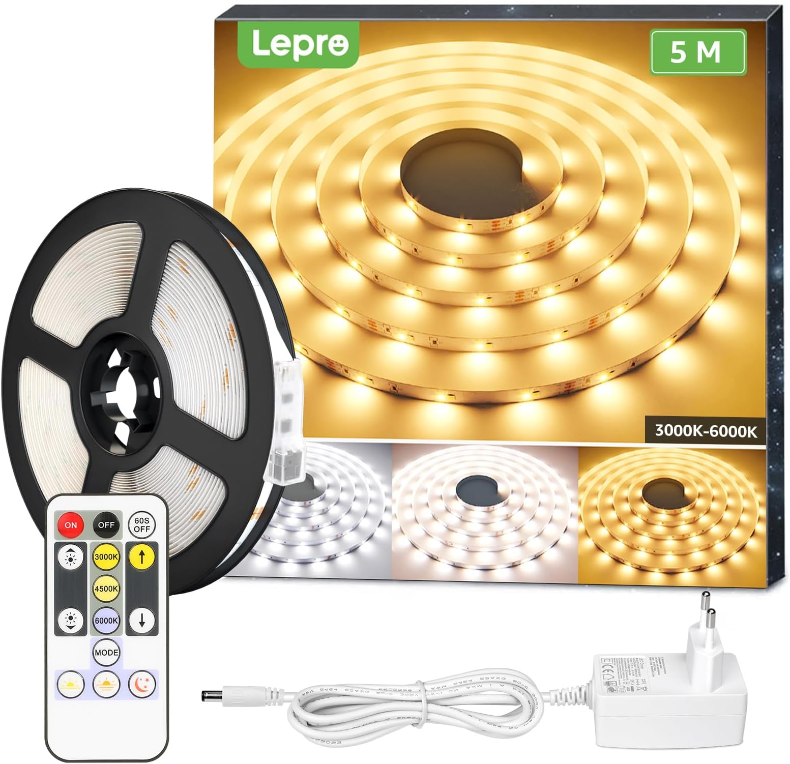 Lepro 5M Striscia LED Dimmerabile, 3000K-6000K (Bianco Caldo a Freddo ...