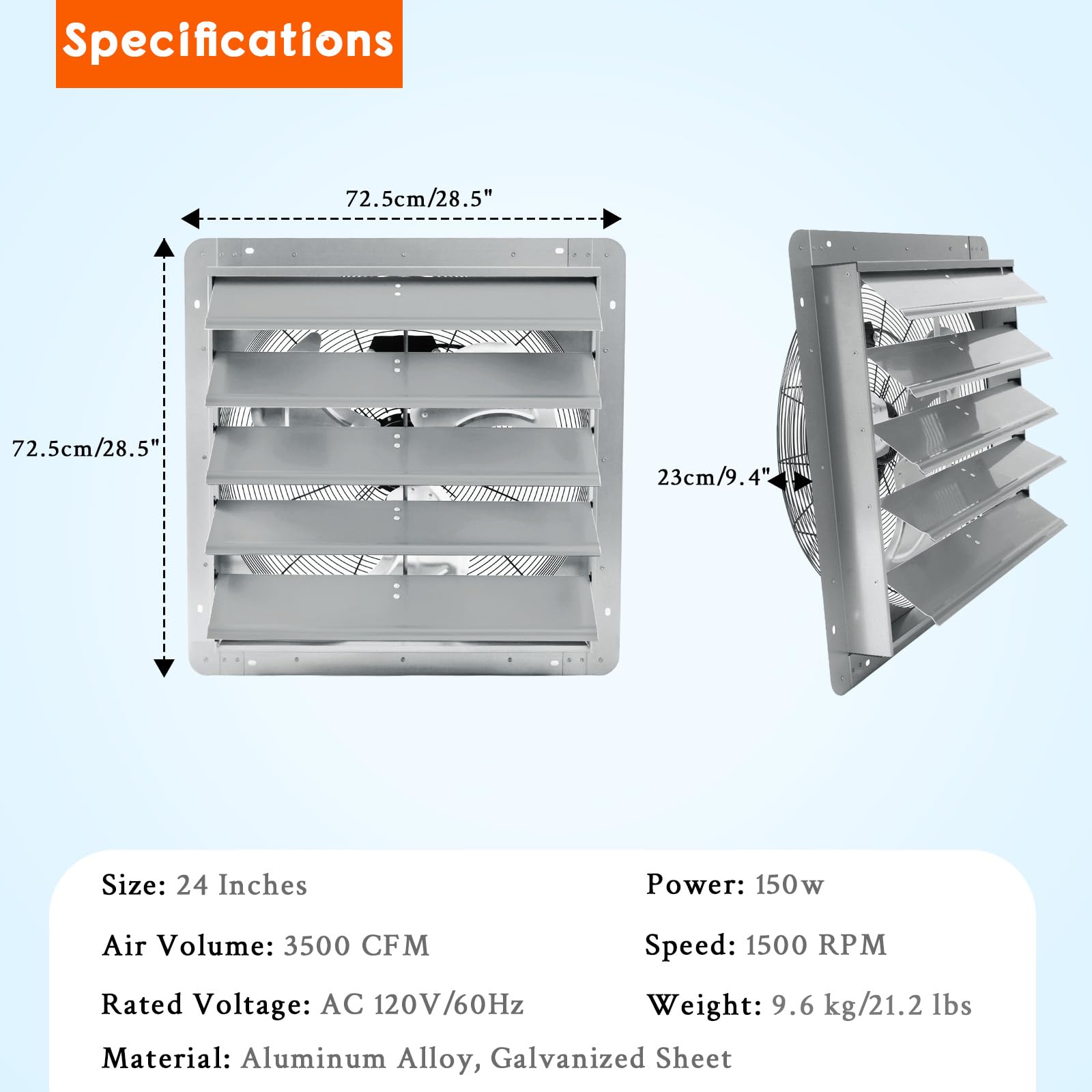 Snapklik.com : Shutter Exhaust Fan, 24" Aluminum Wall Mounted Shutter ...