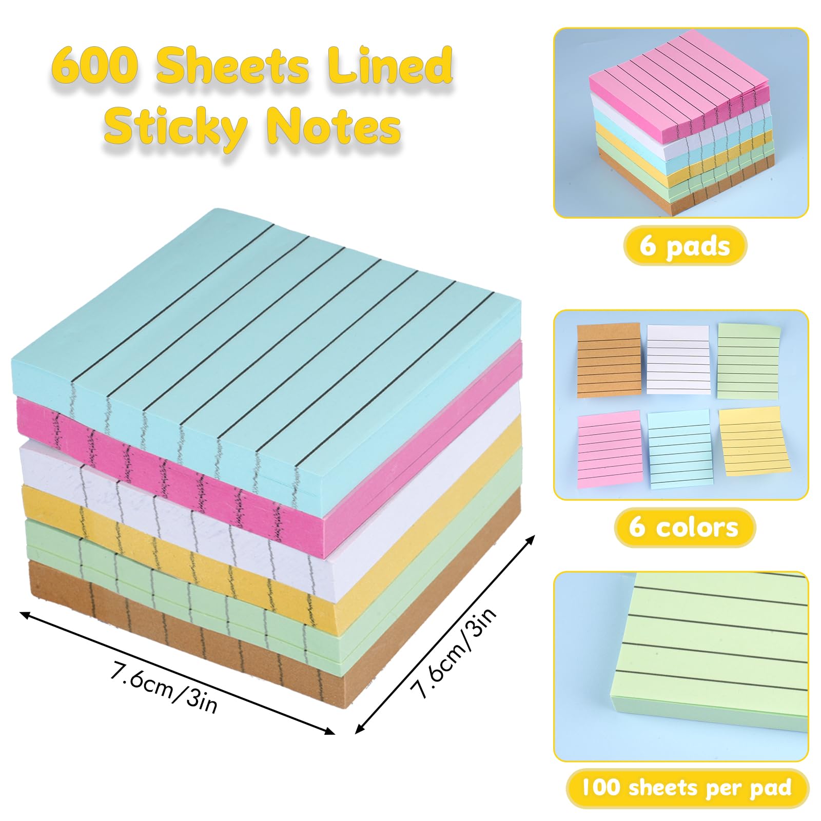 580 Sheets Sticky Notes, Lined Sticky Notes, Self-Stick Coloured Sticky ...
