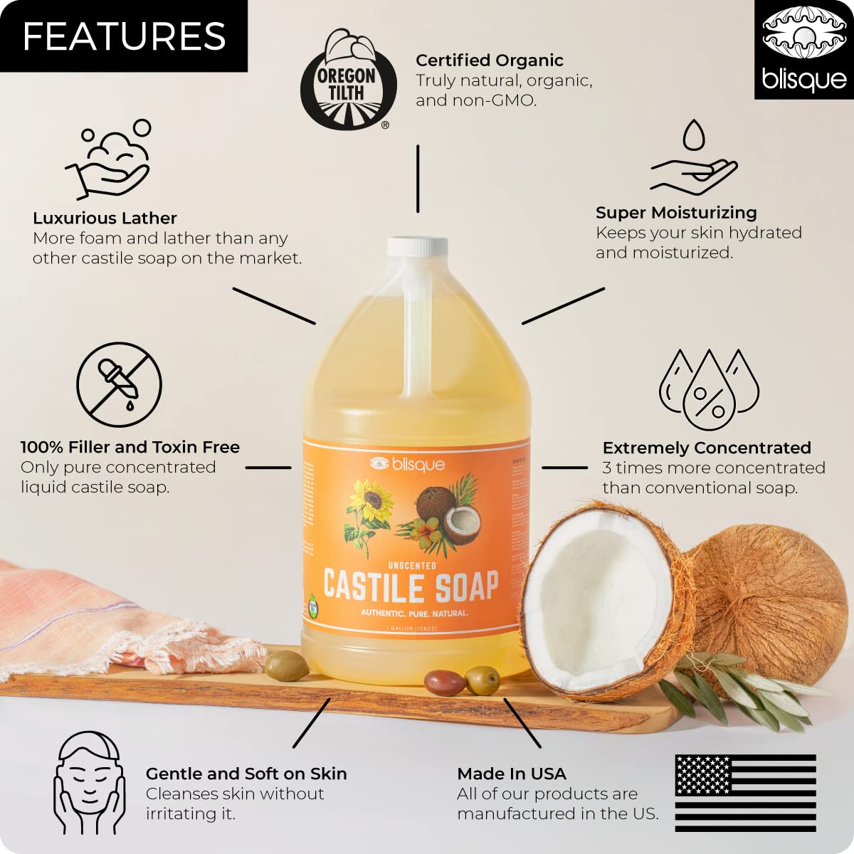 Blisque Organic Castile Soap | Unscented | Pure All Natural ...