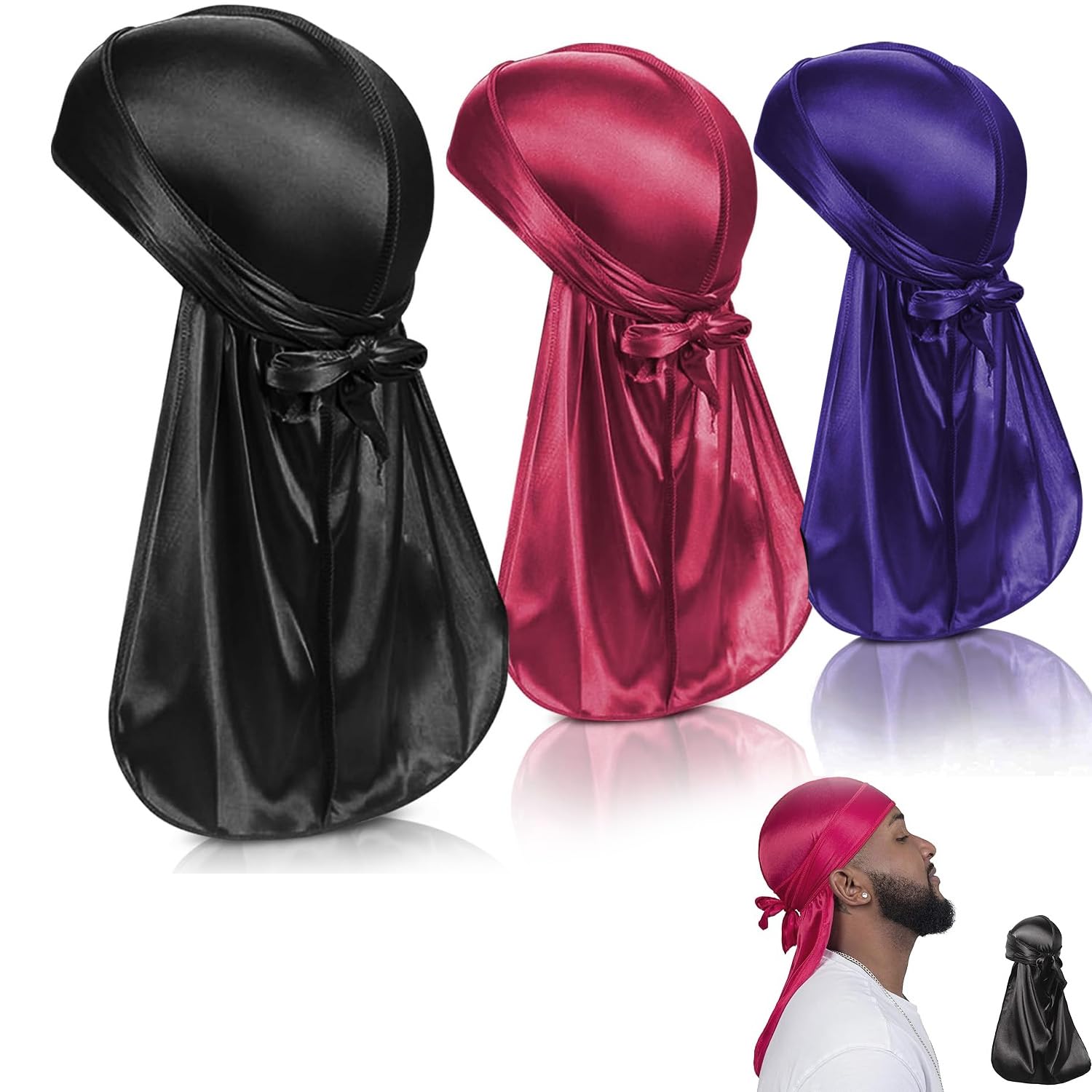 Uskerb 3 Pcs Durag Cap with Long Tail for Men and Women, Ultra-Soft and ...