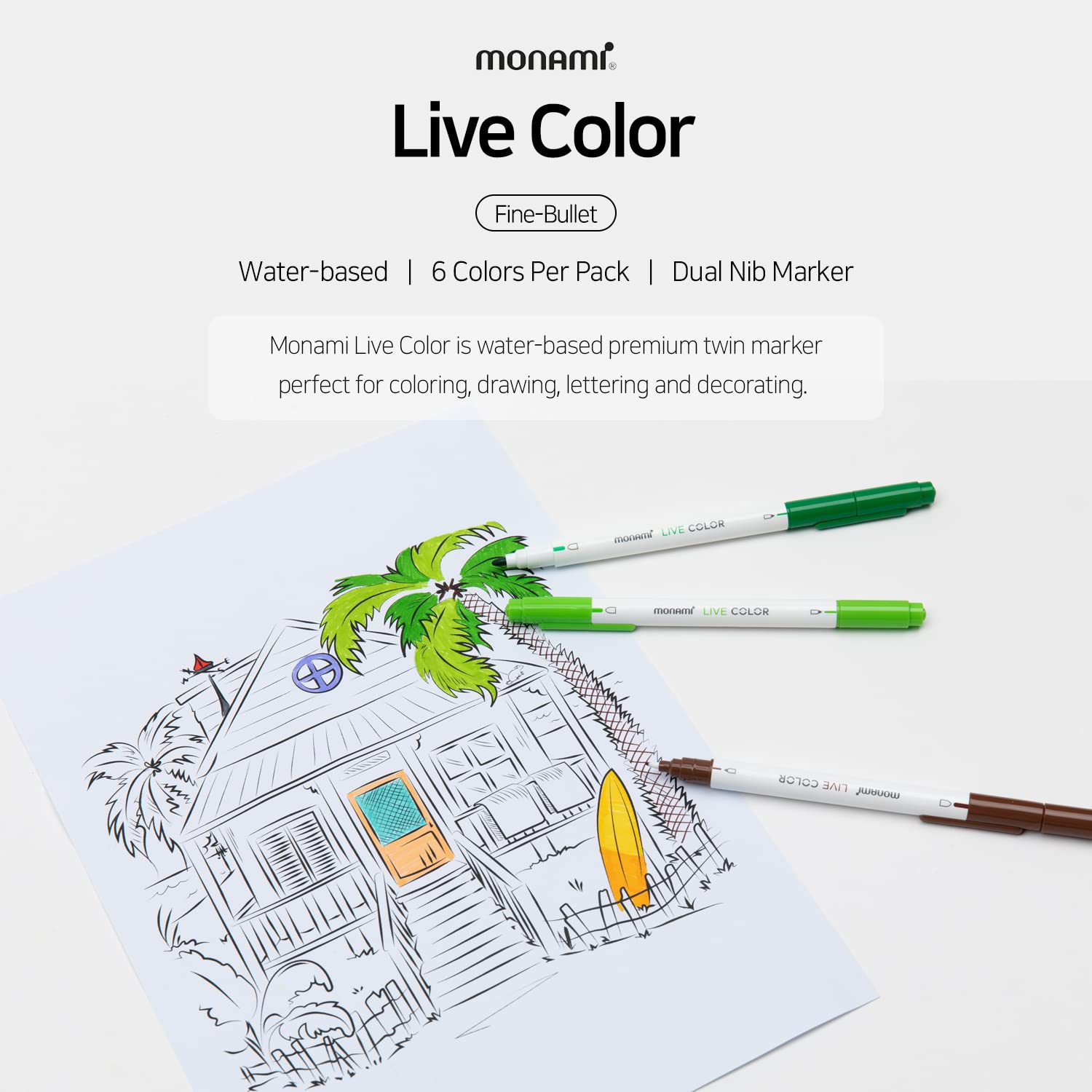 MONAMI LIVE COLOR Water-Based Twin Marker, Fine & Bullet Dual Tip ...
