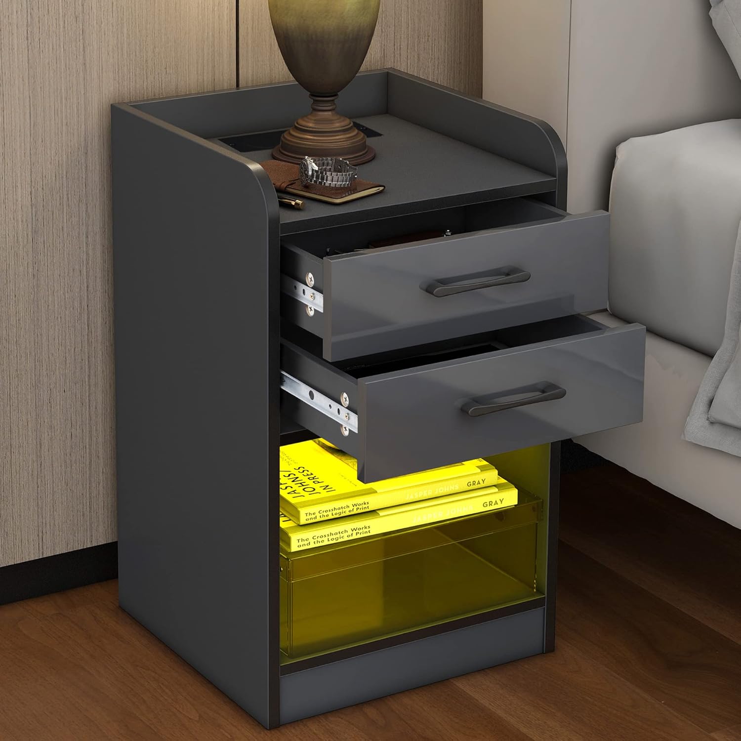 Amazon.com: P PURLOVE Nightstand with 2 Drawers and Cabinet, Modern End ...