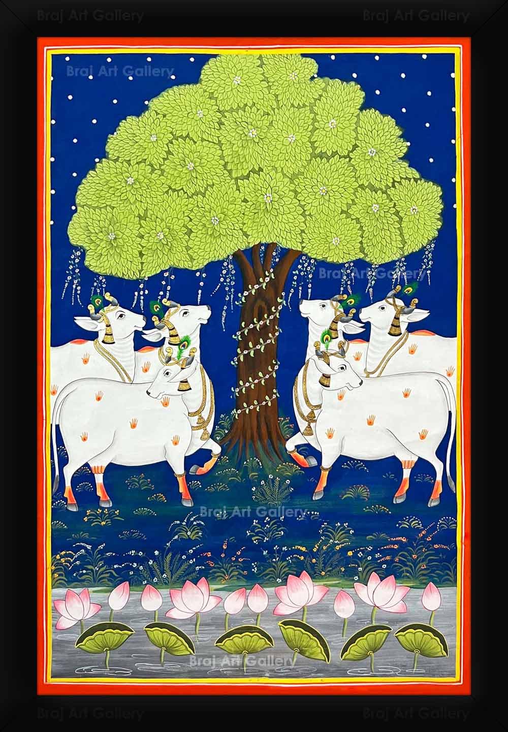 Braj Art Gallery Six Kamdhenus Under a Tree Pichwai Painting Photo ...