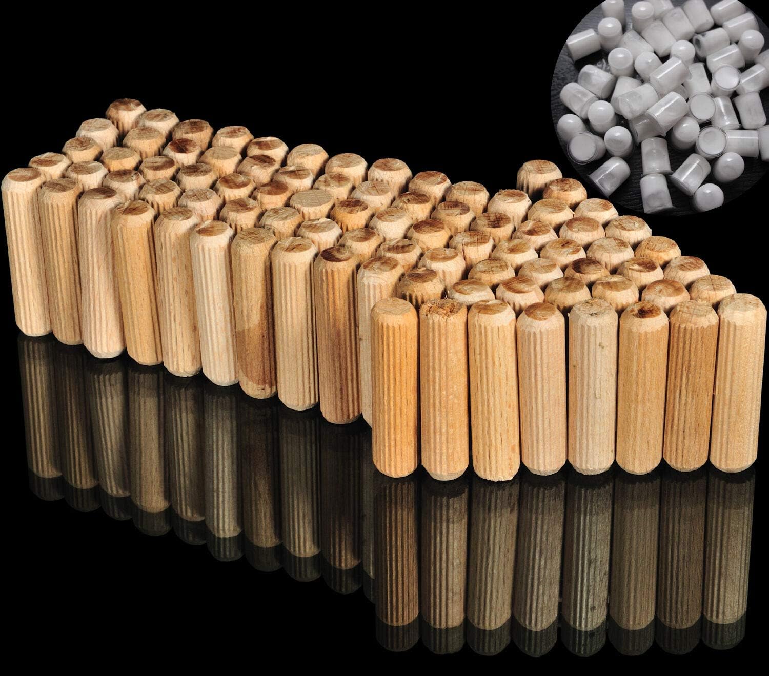 100, 8mm x 50mm Fluted Hardwood Wooden Dowels with Glue Pellets ...