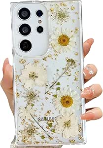 Amazon.com: LSEEKA for Samsung Galaxy S23 Ultra Clear Case with Pressed Real Dried White Flower ...