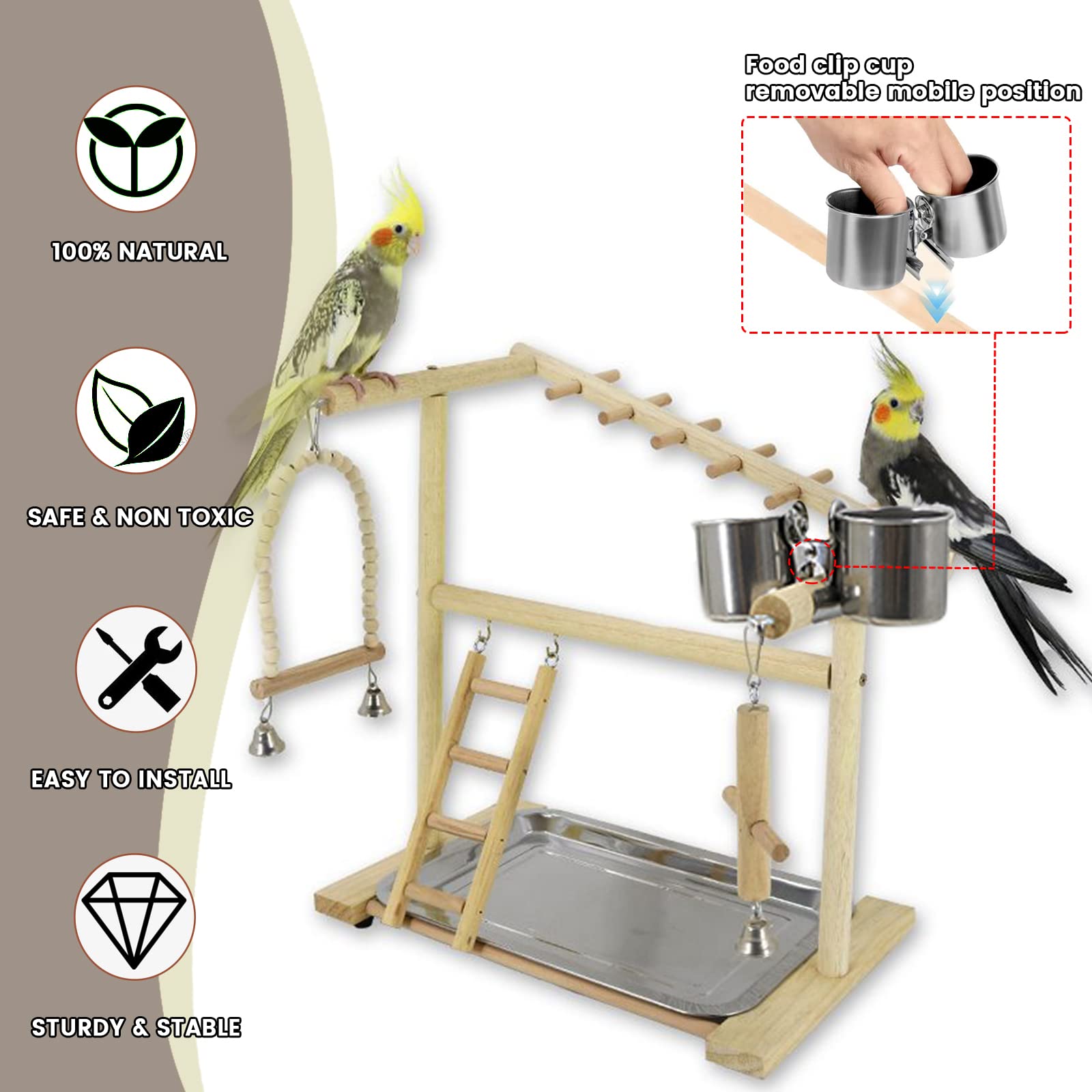 WishesMar Bird Playground Parrot Play Stand with Feeder Cup Swing Climb ...