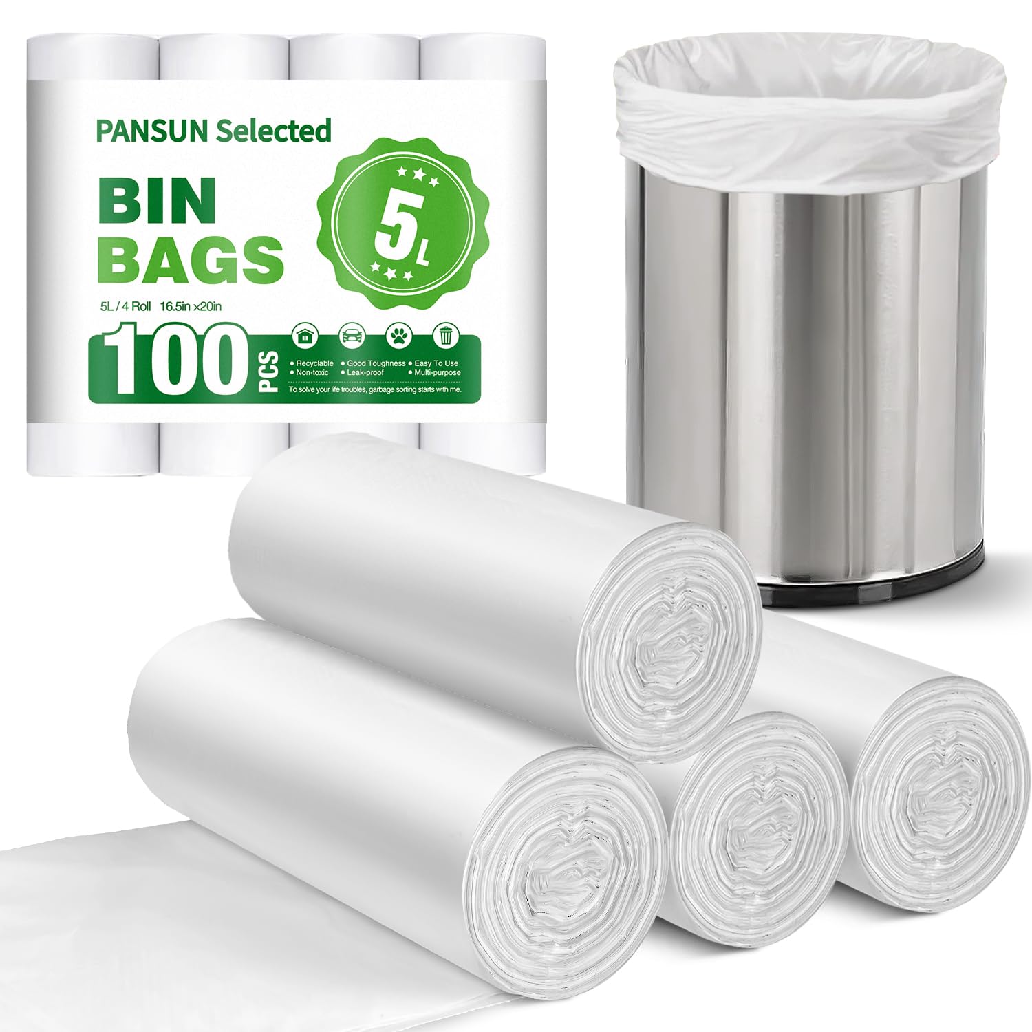 PANSUN Selected 100 Counts Small Bin Bags,5l Bin Liners,42cm*50cm Pedal ...