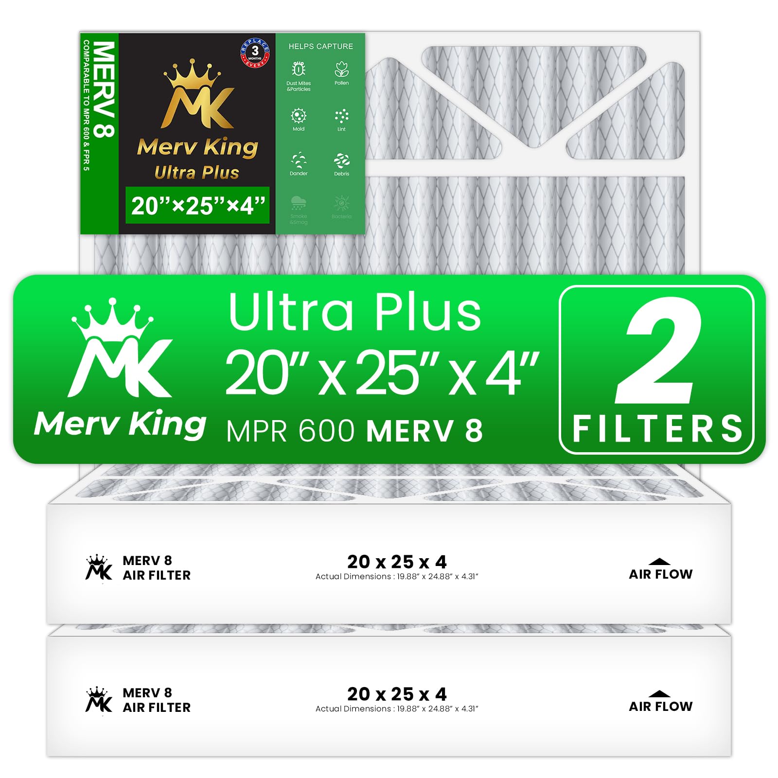 MervKing 20x25x4 Air Filter | MERV 8 | MPR 600-700 Ultra Plus | 2-Pack ...