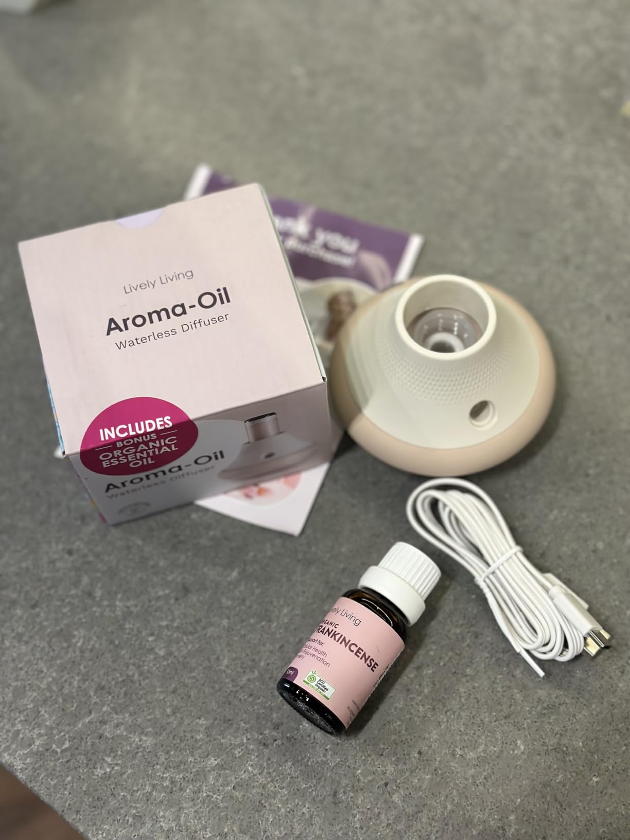 Lively Living Rechargeable Waterless Diffuser with 15ml Organic Frankincense Essential Oil ...