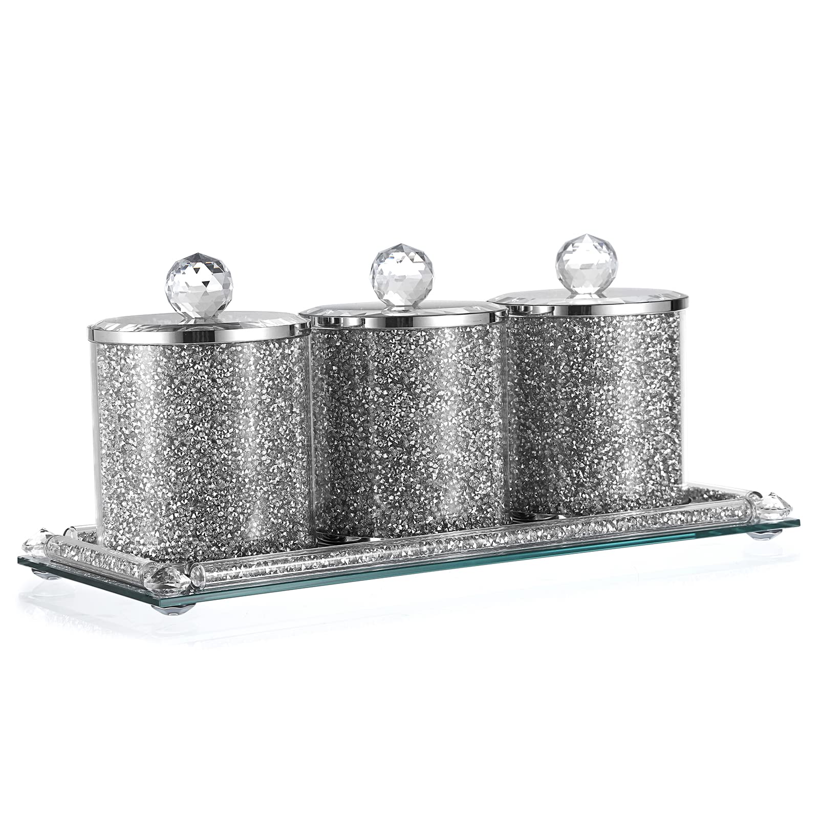 BTSKY Set of 3 Canisters With Lid and 1 Tray - Glass Mirrored with ...