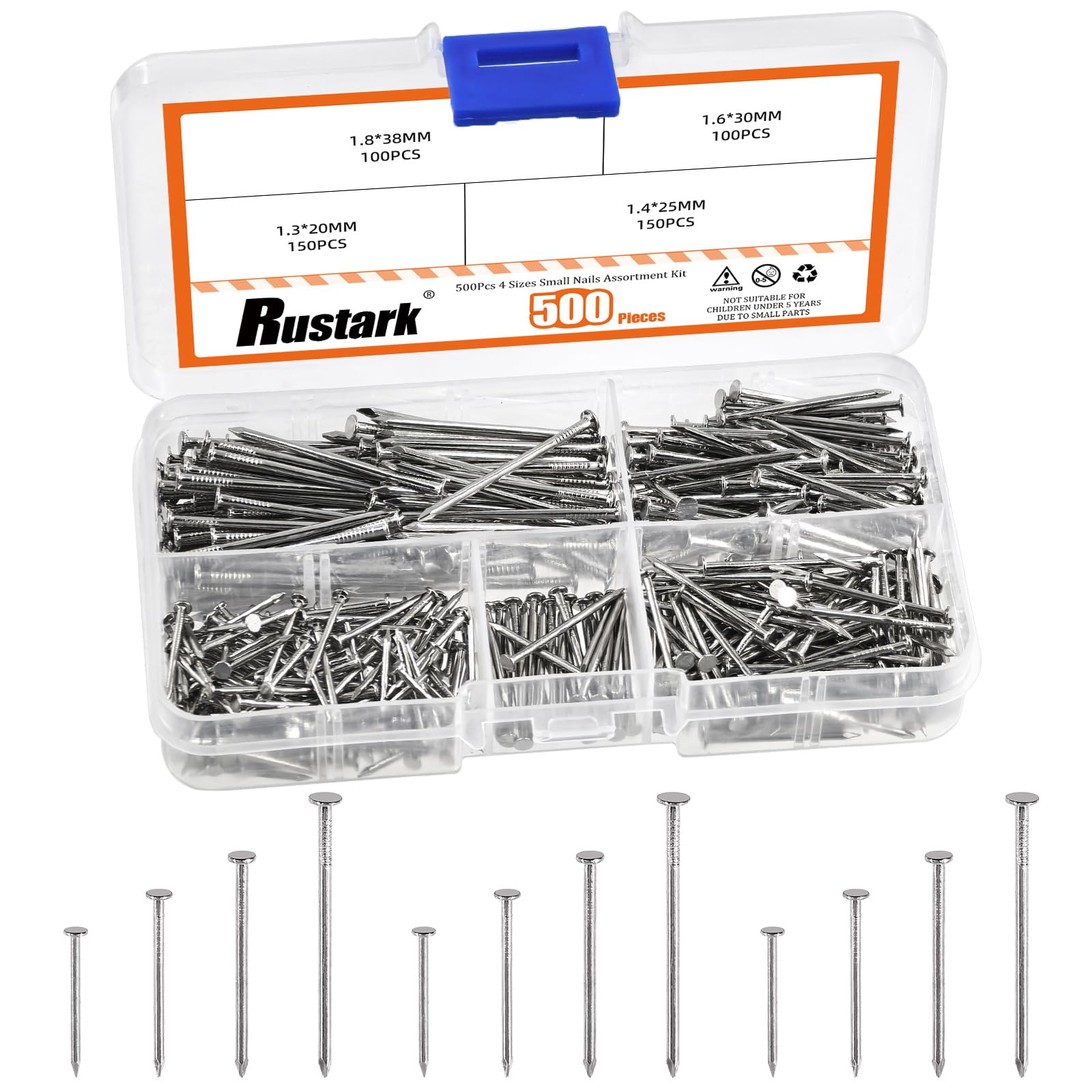 Rustark 500Pcs 4 Sizes Silver Hardware Nails Assortment Kit Flat Head ...