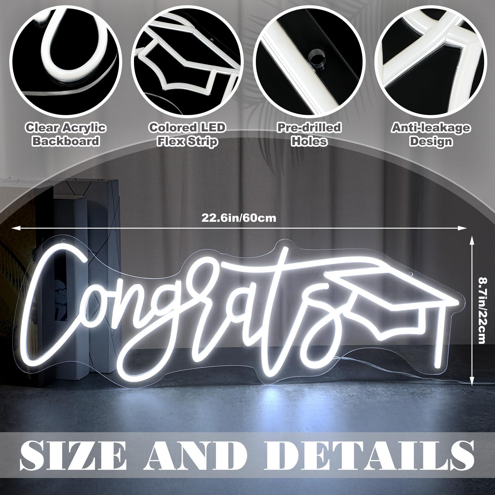 Glooglitter Large Congrats Grad Neon Sign with Graduation Cap 22.6 x 8. ...