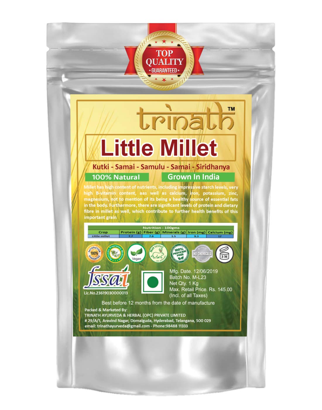 Trinath Little Millet 500 Grams Organic Unpolished Siridhanyalu Kutki ...