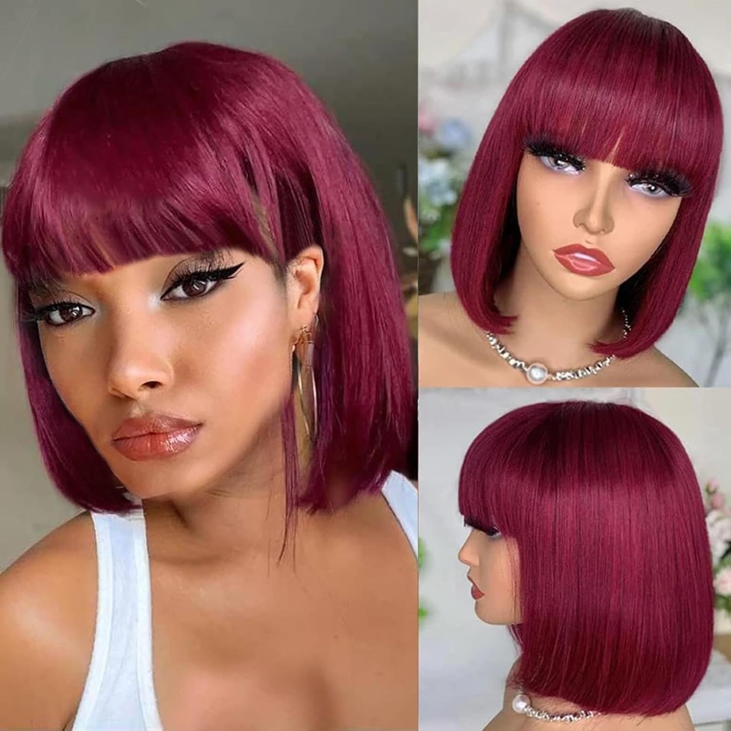 Straight Bob Wig Human Hair with Bang Burgundy Wig Human Hair Wig with ...
