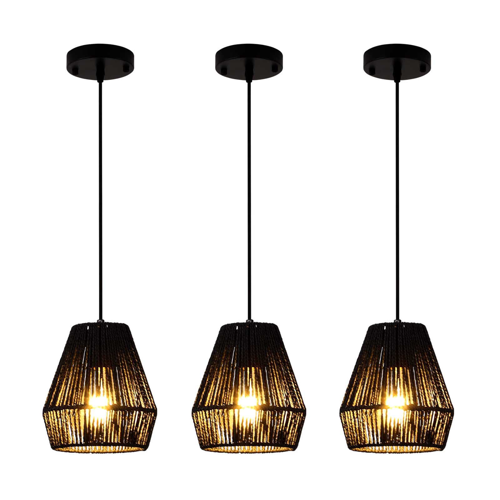 PINDODO 7" Black Pendant Light, Rattan Pendant Lights Basket Light ...