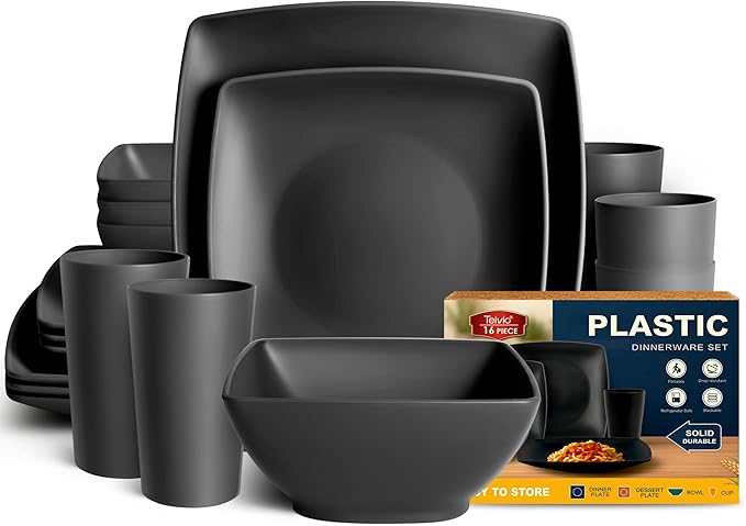 Teivio 16-Piece Kitchen Reusable Plastic Square Dinner Set, Service for 4, Dinner Plate, Dessert ...