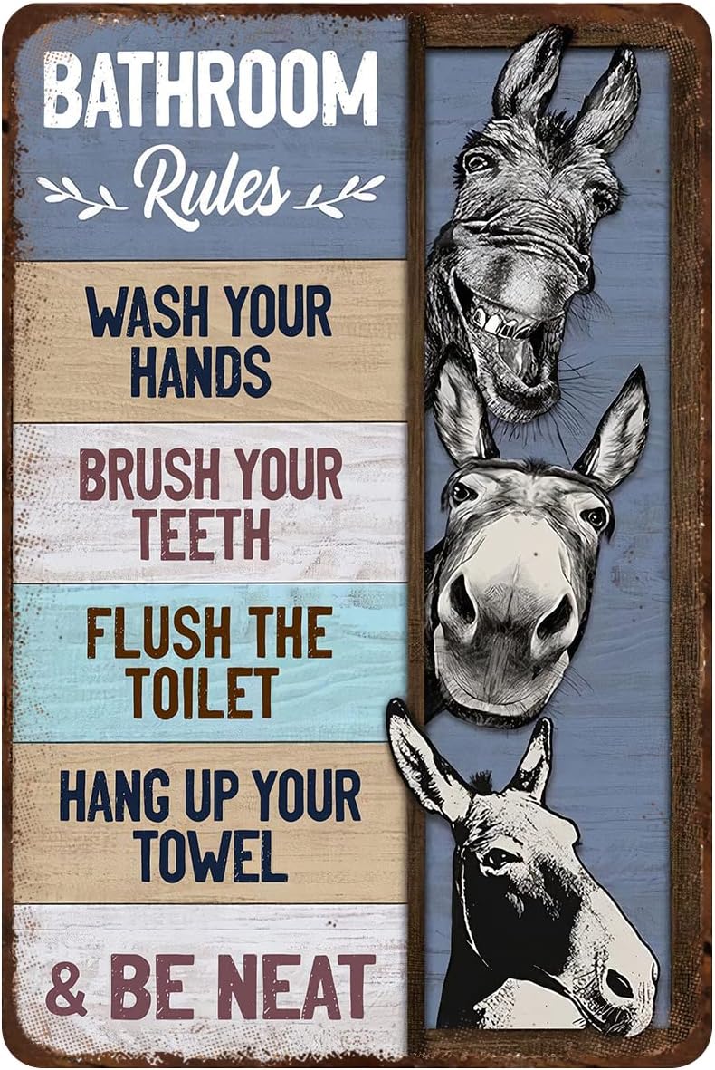 Amazon.com: Rustic Retro Metal Tin Sign - Funny Donkey Bathroom Rules ...