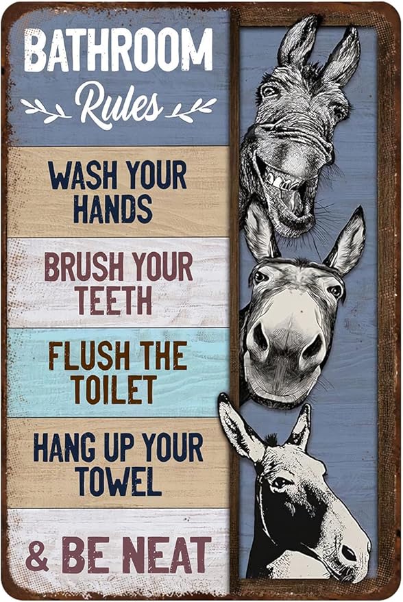 Amazon.com: Rustic Retro Metal Tin Sign - Funny Donkey Bathroom Rules ...